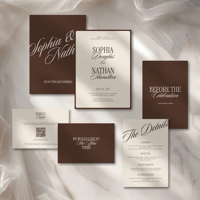 Old Money Wedding Invitation Suite Template, Chocolate Brown Wedding ...