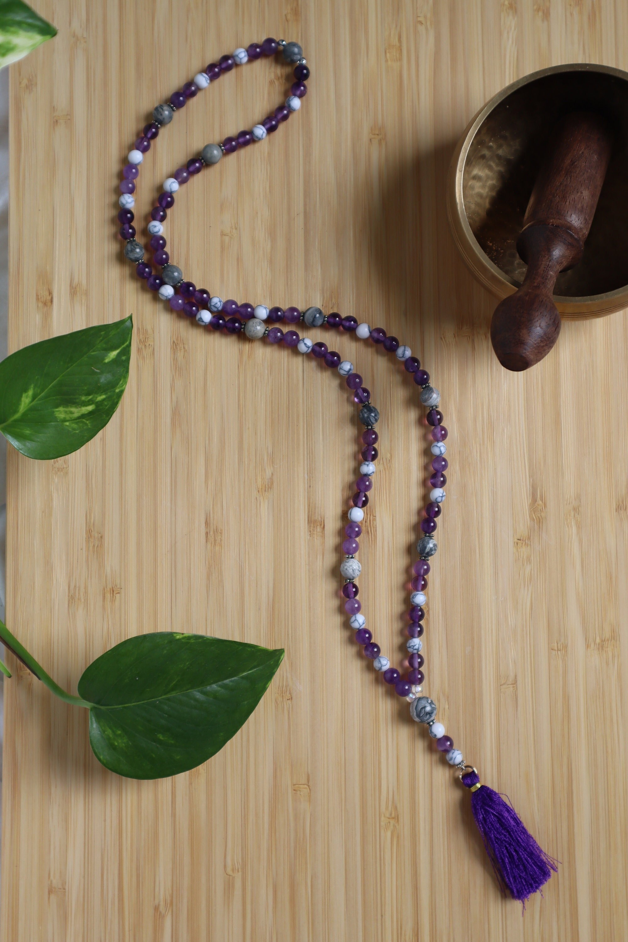 Mala | Mala Necklace | Amethyst + Howlite + Map Jasper | 108 Beads ...
