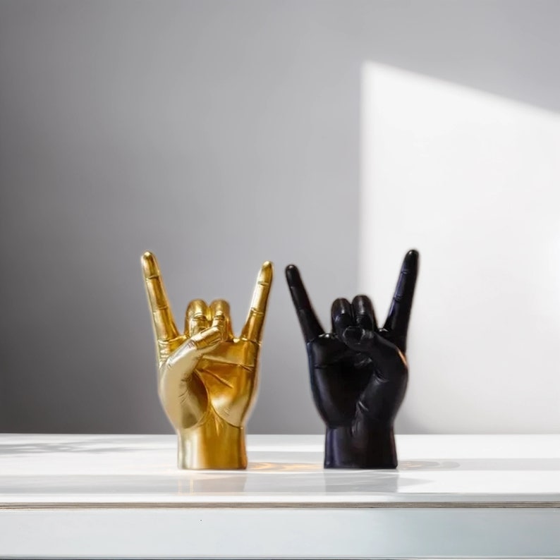 Golden Resin Rock N Roll Hand Gesture Sculpture, Black and Gold ...