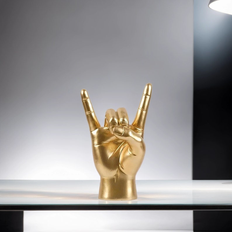 Golden Resin Rock N Roll Hand Gesture Sculpture, Black and Gold ...
