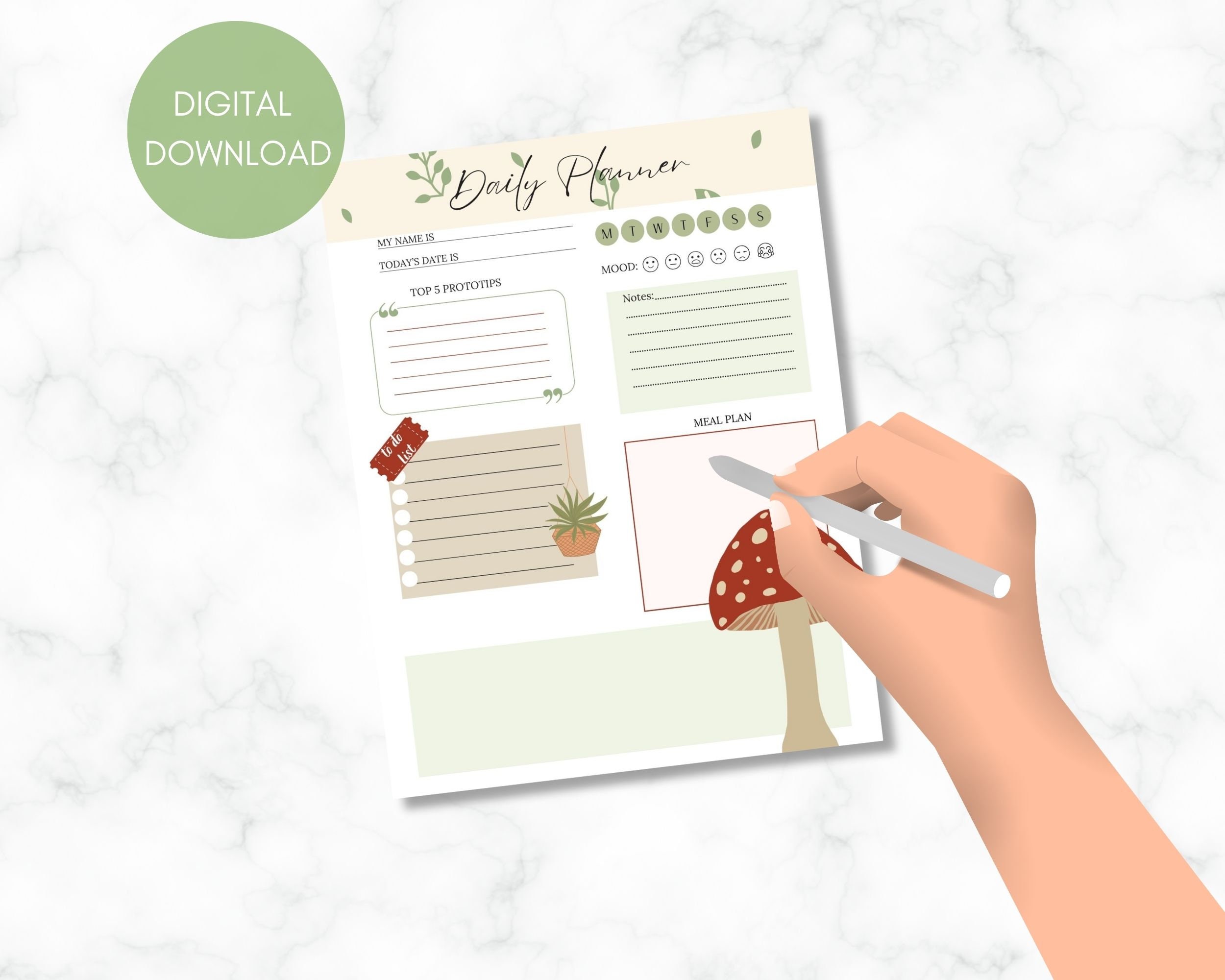 Undated Mushroom Digital Planner, Printable Calendar 2024 Daily Journal ...