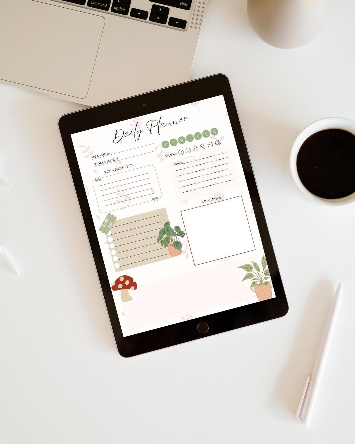 Undated Mushroom Digital Planner, Printable Calendar 2024 Daily Journal ...