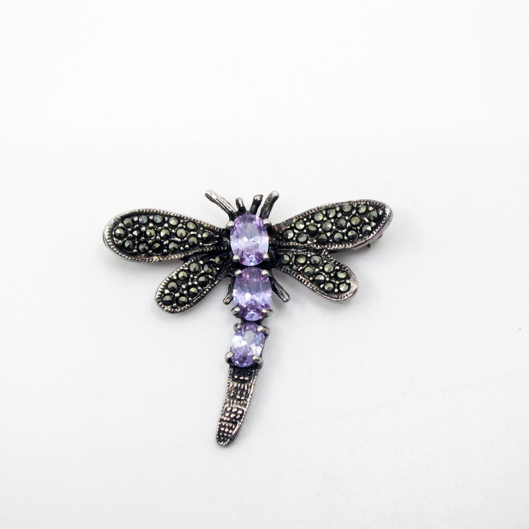 Sterling Silver Dragonfly Pin With Marcasites and Sparkling Purple CZ ...