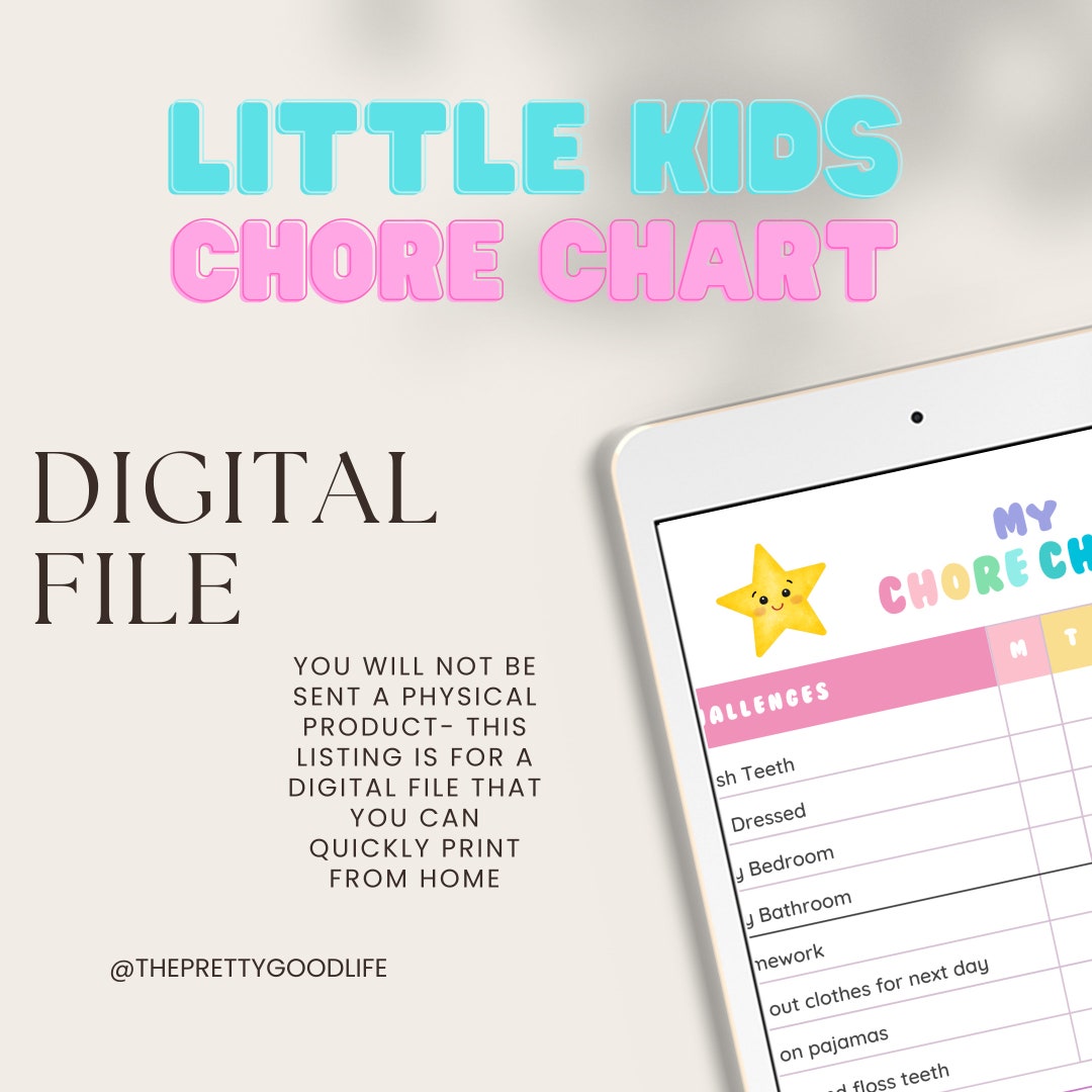 Digital File Kids Chore Chart, for Children Ages 3-10, Print From Home ...