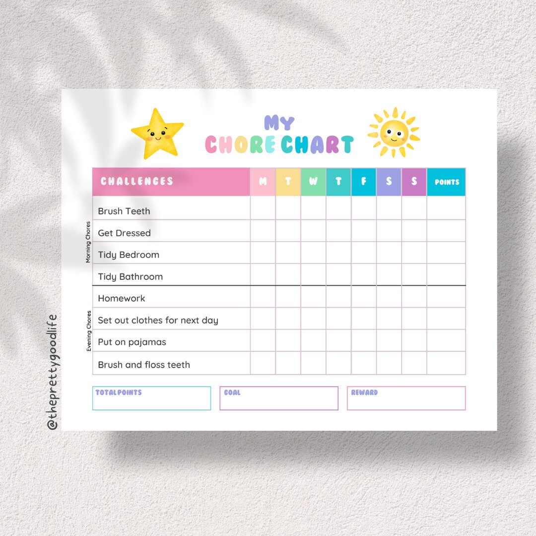 Reusable Kids Chore Chart Printed on Cardstock, Best for Young Children ...
