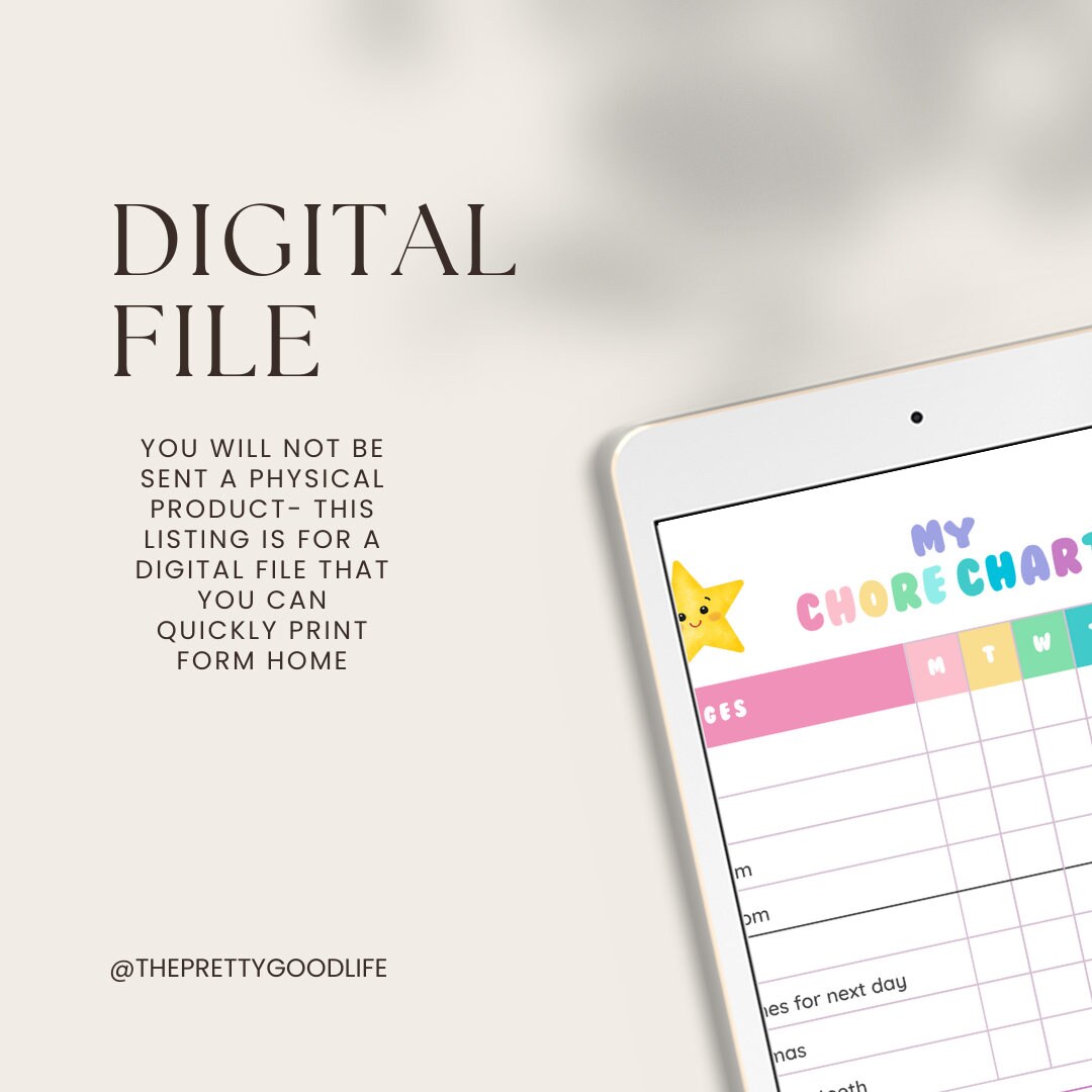 Digital File Kids Chore Chart, for Children Ages 3-10, Print From Home ...
