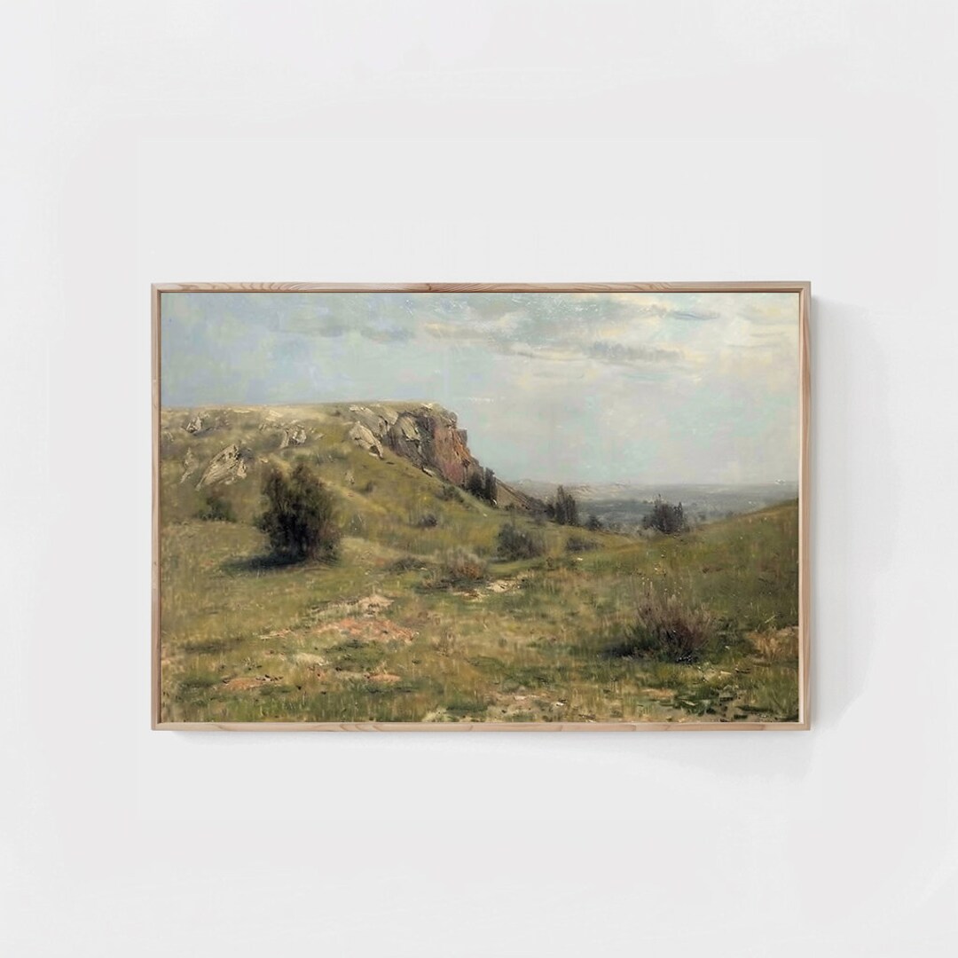 Moody Mountainside, Vintage Landscape Painting, Farmhouse Print, Summer ...