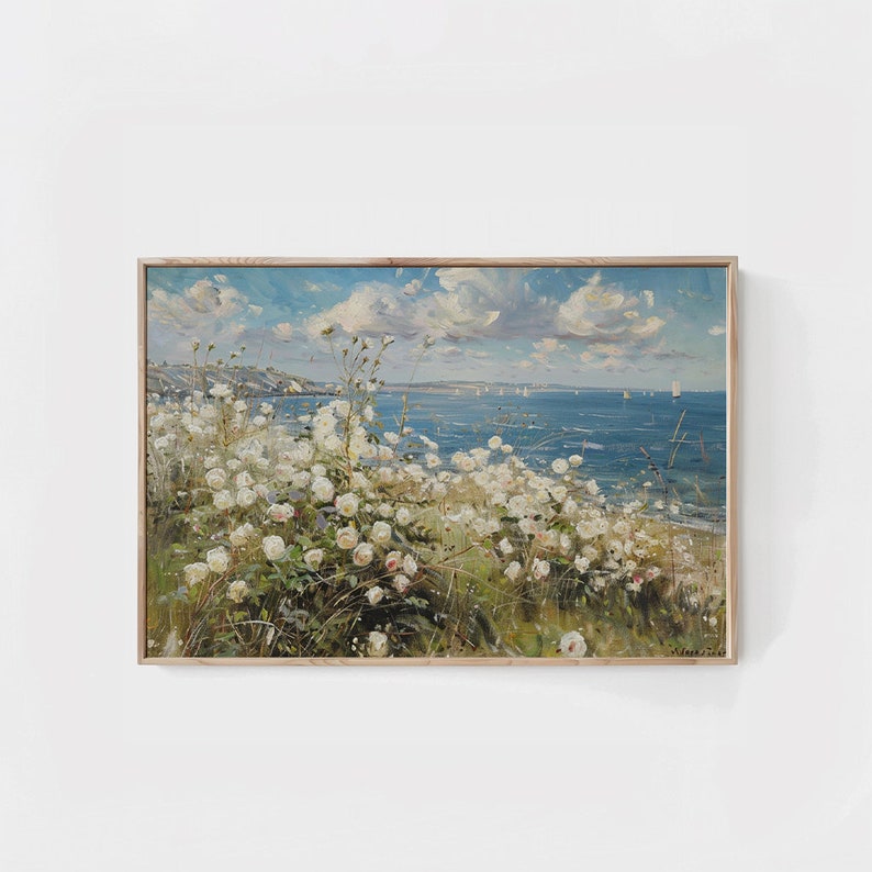 Coastal Wildflower Field, Ocean Wall Art, Beach Art, Oil Painting ...