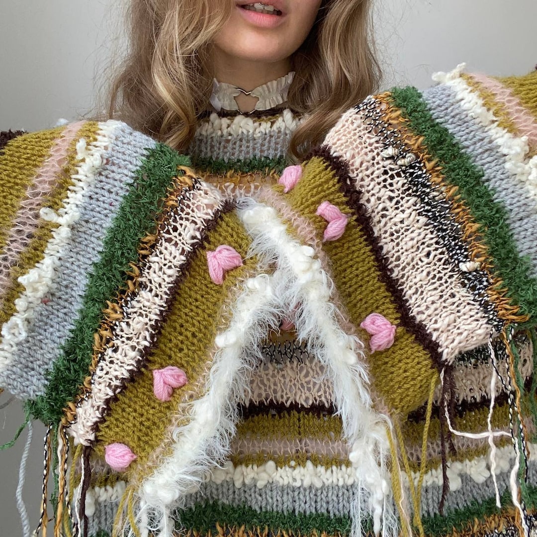 Colorful Heart Sweater: Chunky Knit Crochet Cardigan, Goblincore - Etsy