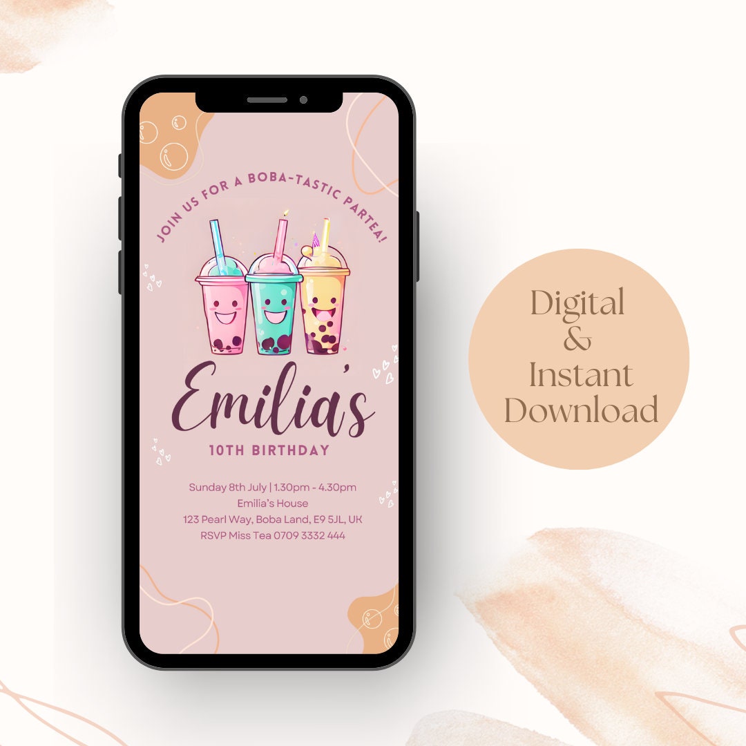 Boba Bubble Tea Birthday Invitation, DIGITAL Invite Download, Editable ...