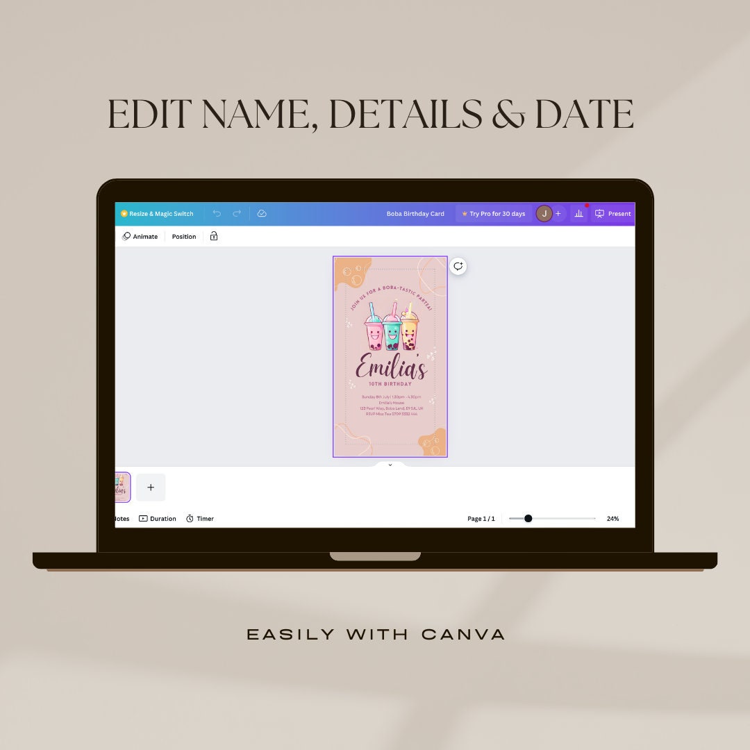 Boba Bubble Tea Birthday Invitation, DIGITAL Invite Download, Editable ...