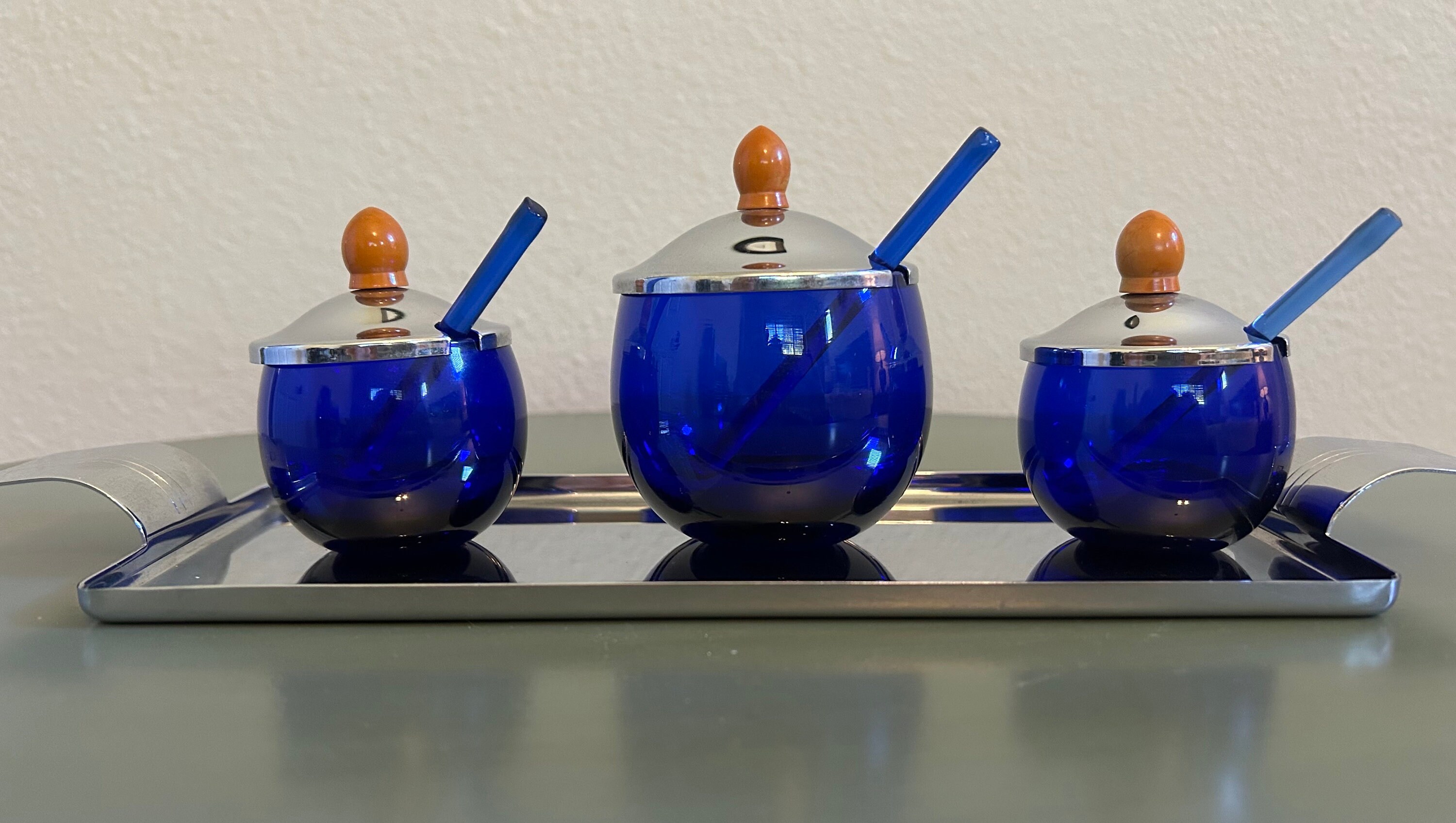 Revere Art Deco Cobalt Blue Glass Condiment Set With Chrome Tray and ...