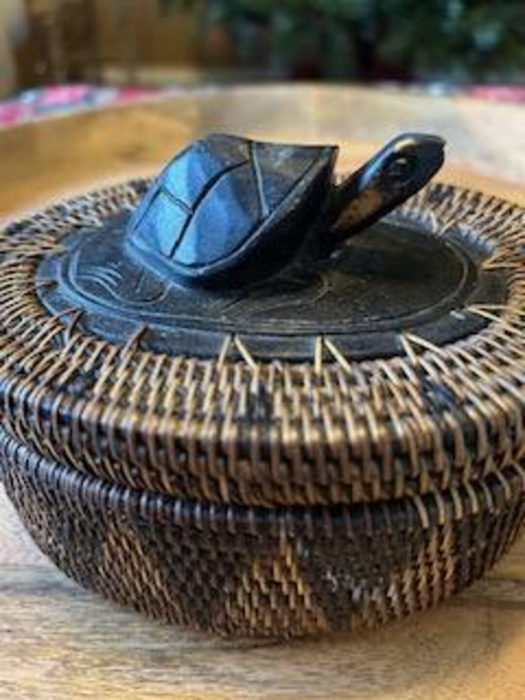 Vintage Indonesian Lombok Wood and Rattan Carved Turtle Lidded Basket ...