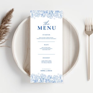 Elegant Blue Floral Wedding Menu Template, Dusty Blue Floral Wedding ...
