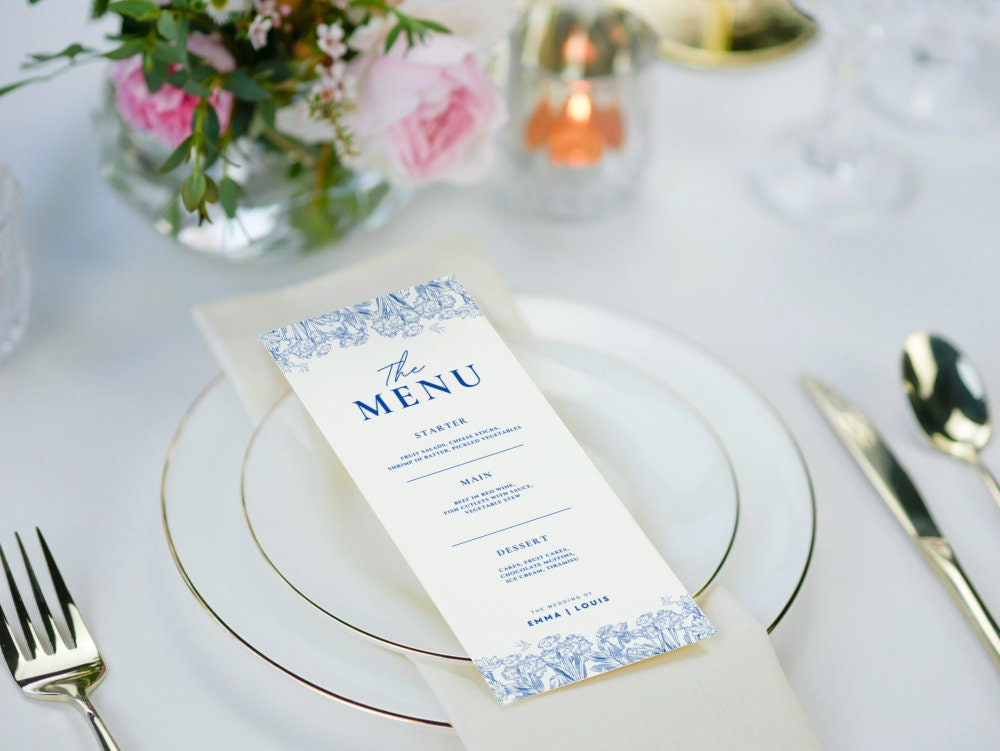 Elegant Blue Floral Wedding Menu Template, Dusty Blue Floral Wedding ...