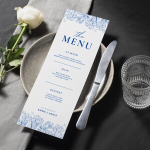 Elegant Blue Floral Wedding Menu Template, Dusty Blue Floral Wedding ...