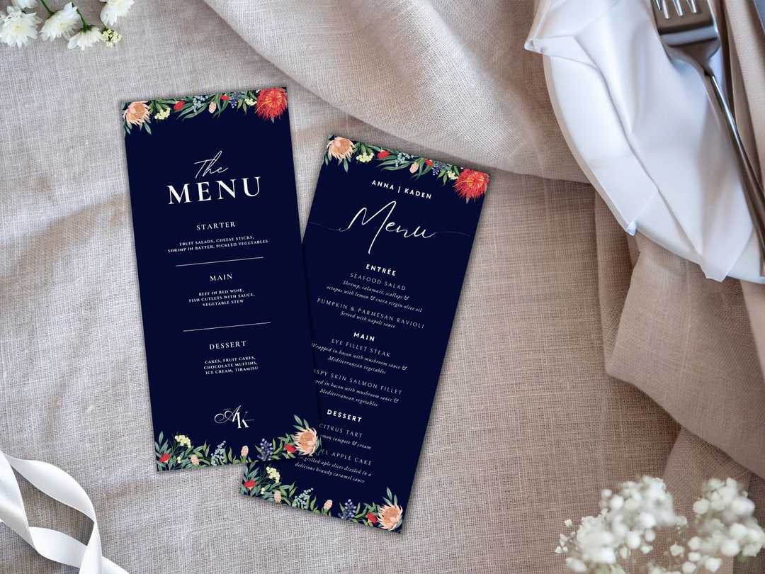 Wildflower Navy Blue Wedding Menu Template, Navy Blue Floral Wedding ...