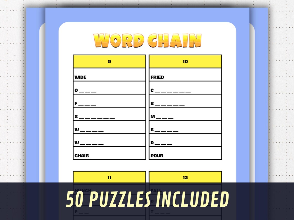 WORD CHAIN Game, Chain Reaction Printable Game, Word Game, Quiz, Party ...