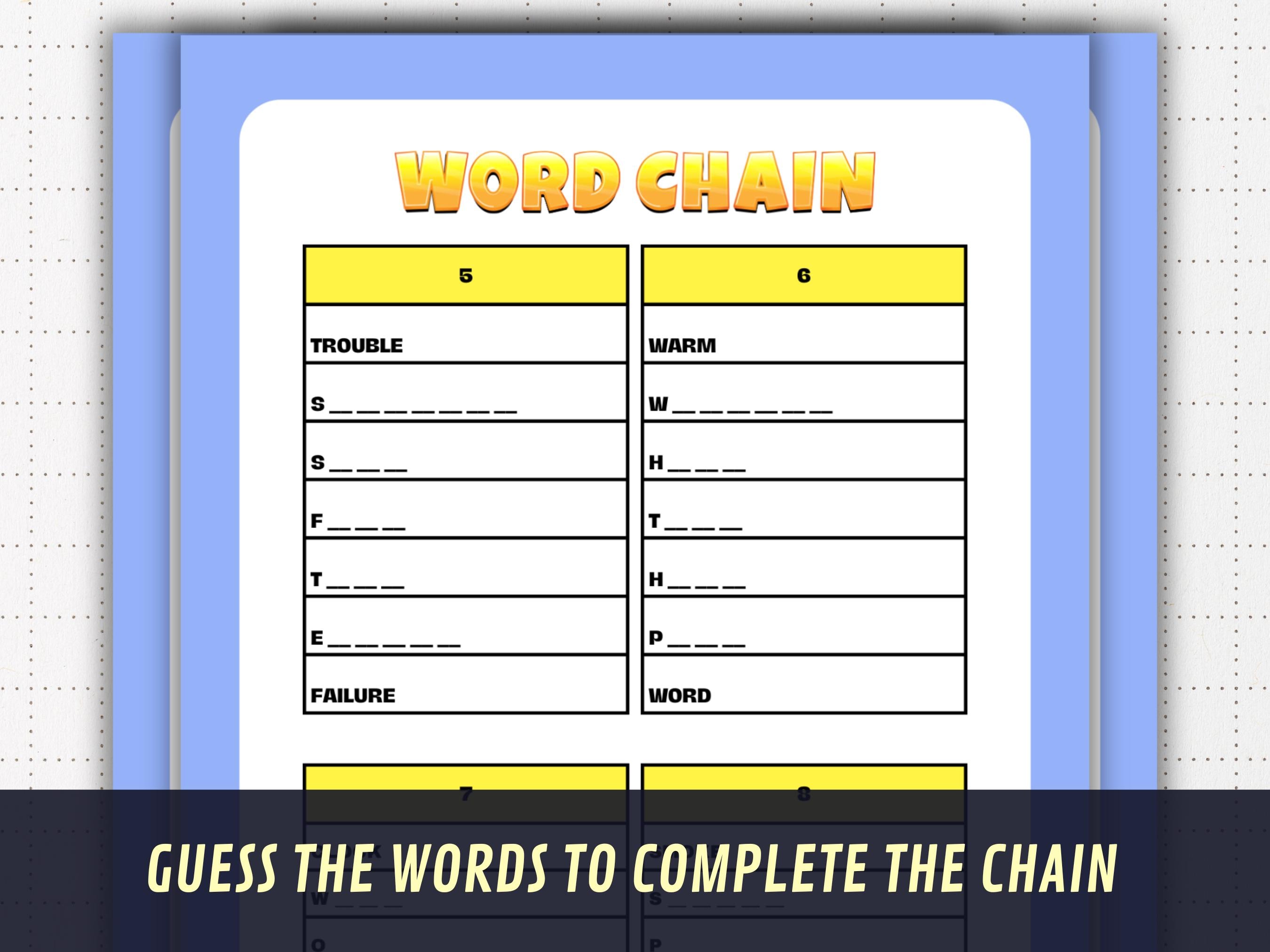 WORD CHAIN Game, Chain Reaction Printable Game, Word Game, Quiz, Party ...