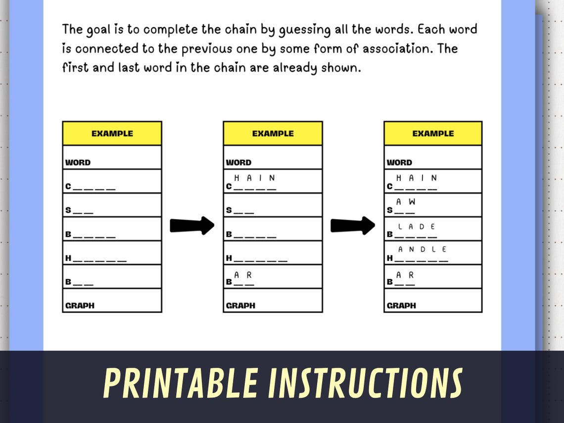 WORD CHAIN Game, Chain Reaction Printable Game, Word Game, Quiz, Party ...