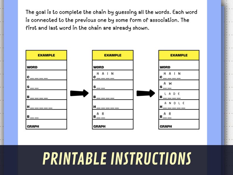 WORD CHAIN Game, Chain Reaction Printable Game, Word Game, Quiz, Party ...