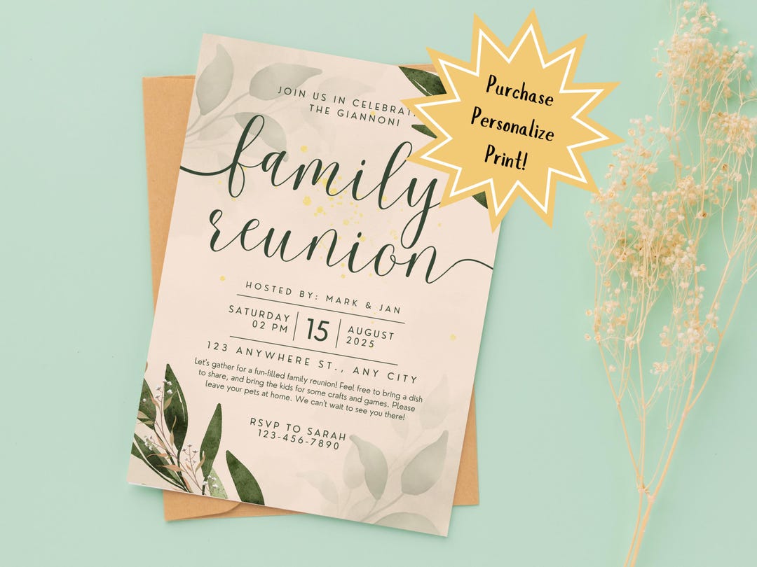 Family Reunion Invitation Template, Green Leaf Reunion Card, Family ...