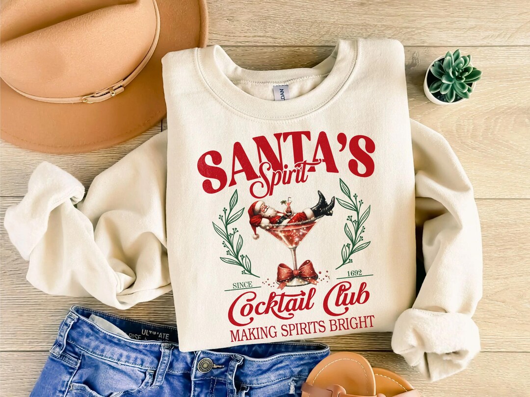 Santa's Spirit Cocktail Club Sweatshirt, Funny Christmas Shirt, Retro ...
