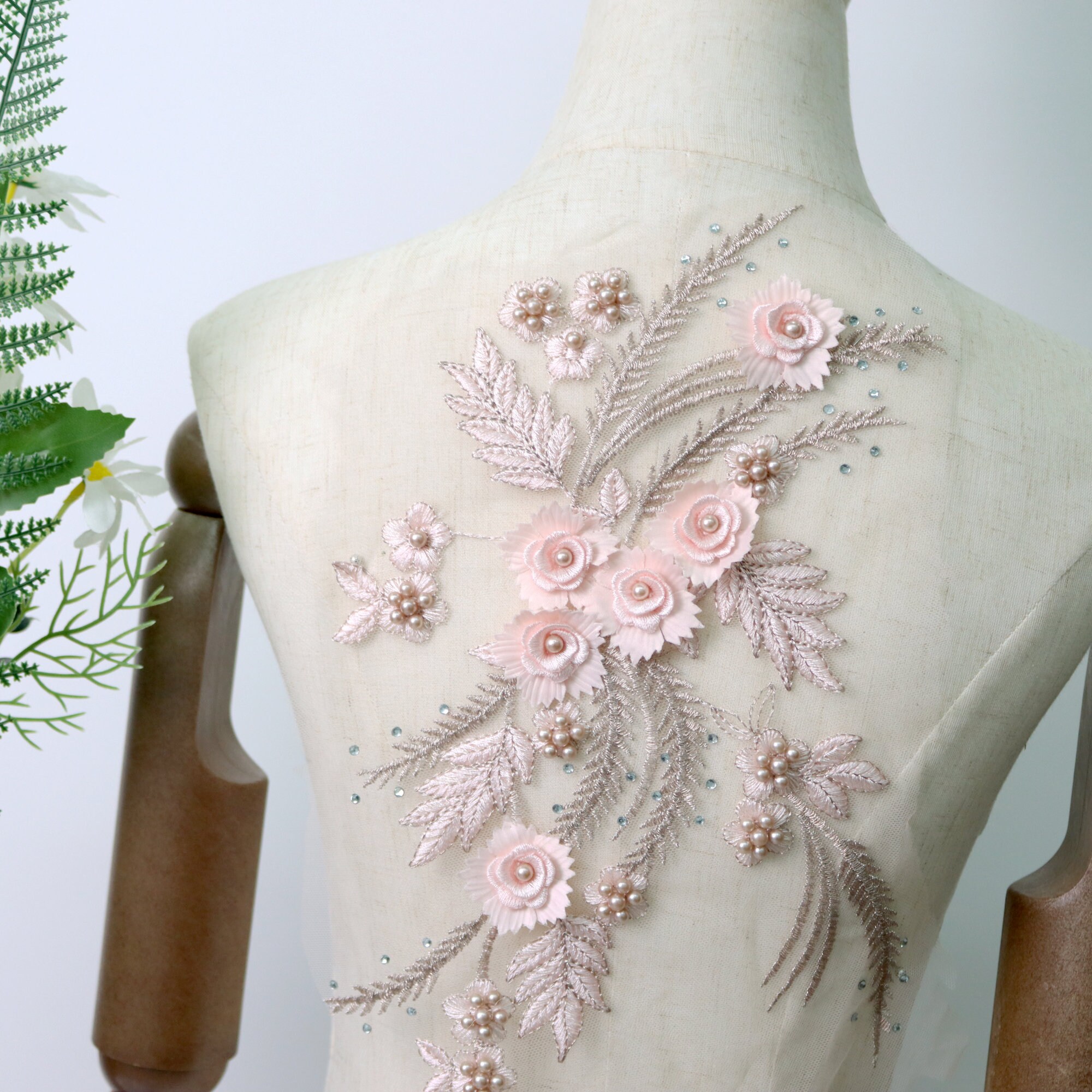 Pink Beaded Flowers Applique,3d Flower Motifs Lace, White Floral ...