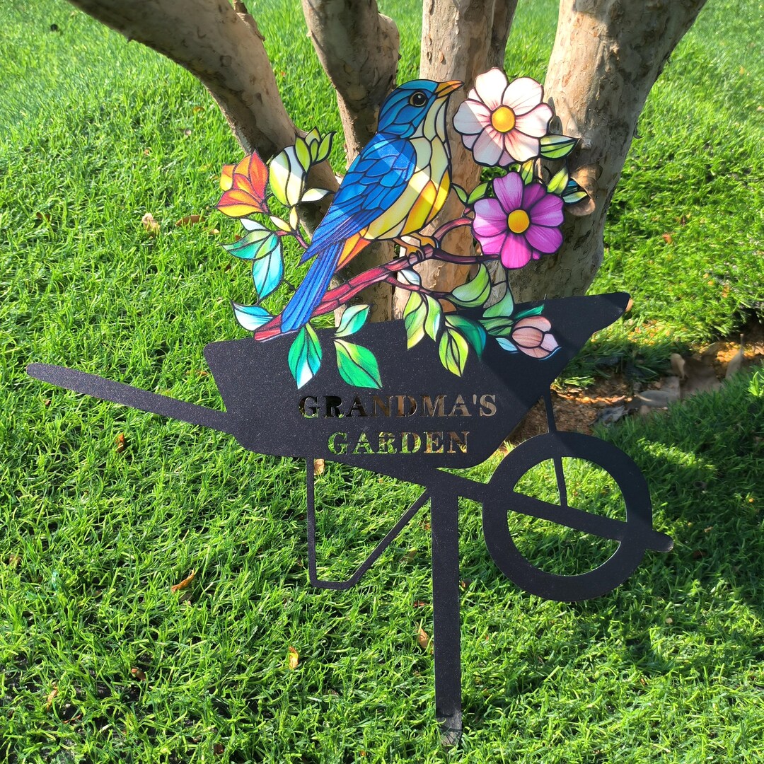 Custom Bird With Flowers Garden Metal Stake, Personalised Hummingbird ...
