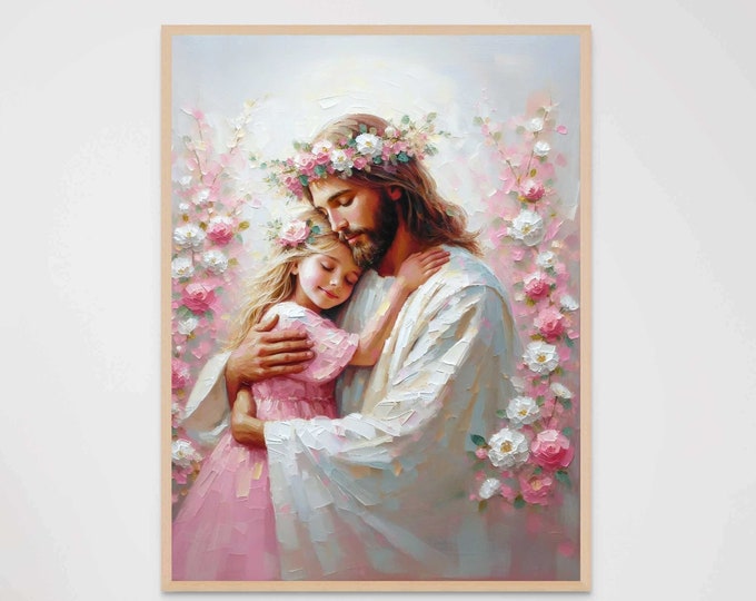 Gesegnet vom Retter, moderne christliche Kunst, Jesus mit Mädchen ...