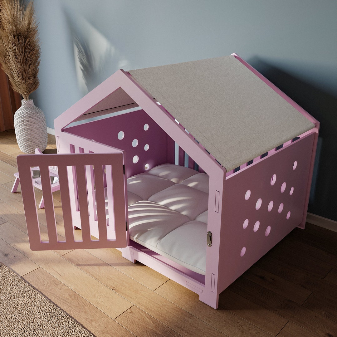 Pink Cute Wooden Dog House and Personalized Food Storage, Gift for Pet ...