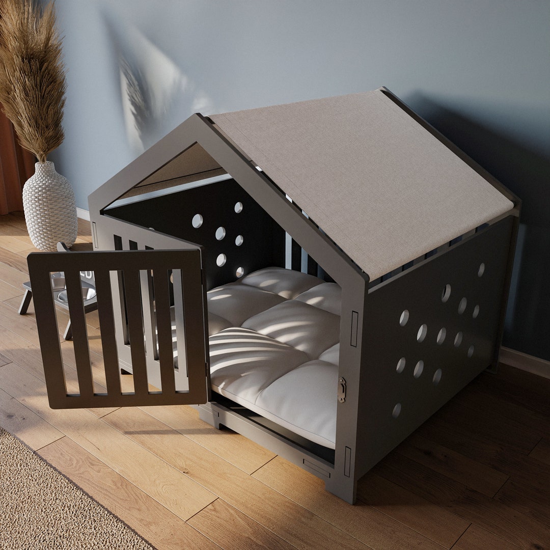 Gray Cute Wooden Dog House and Personalized Food Storage, Gift for Pet ...