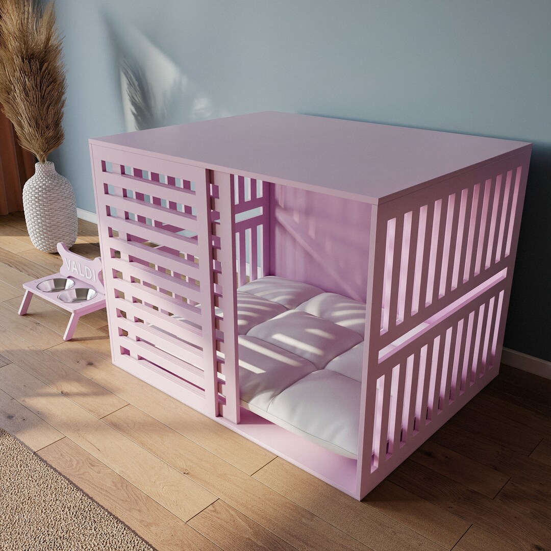 Pink Wooden Dog House and Personalized Food Storage, Gift for Pet ...