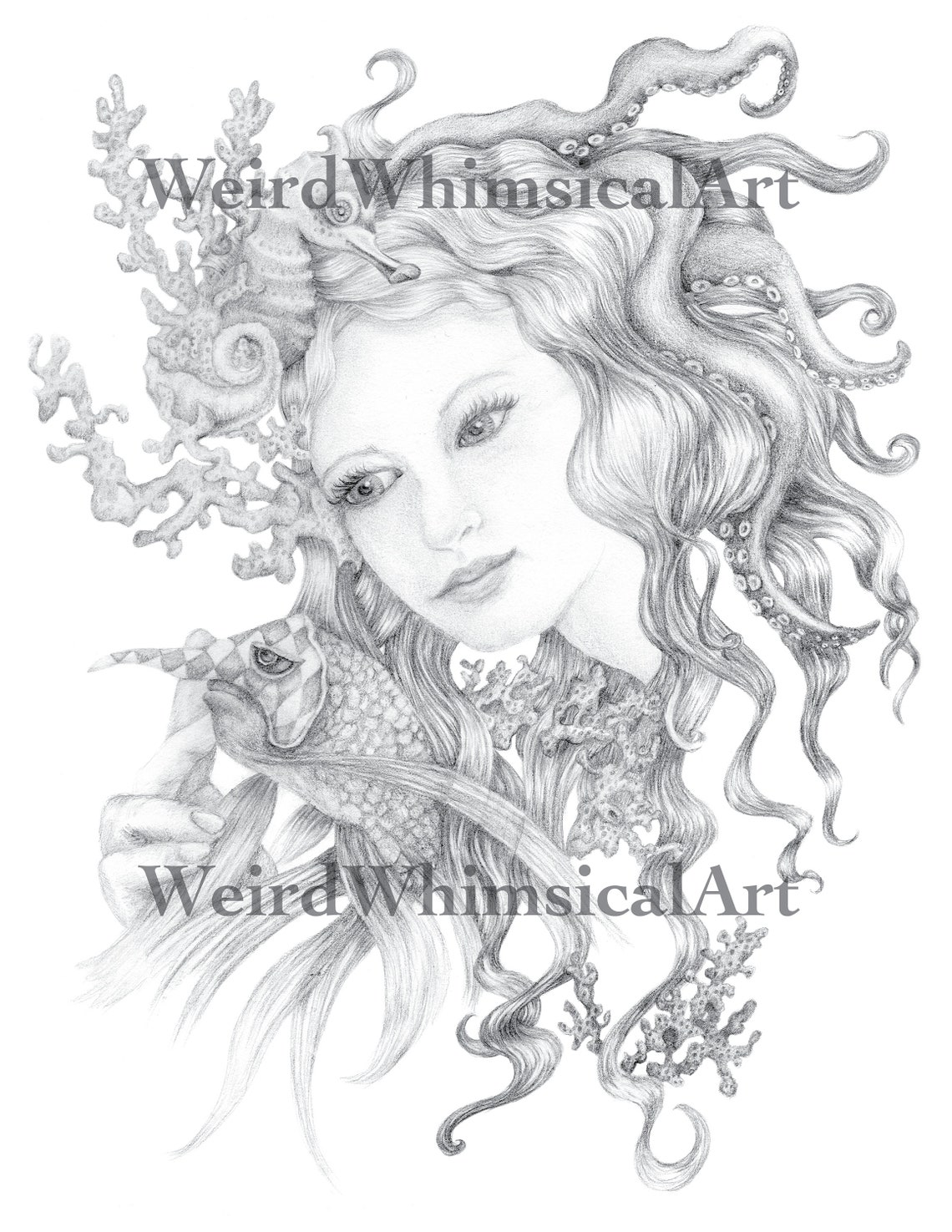 Sea Nymph Coloring Page Grayscale Mermaid Fish Instant | Etsy