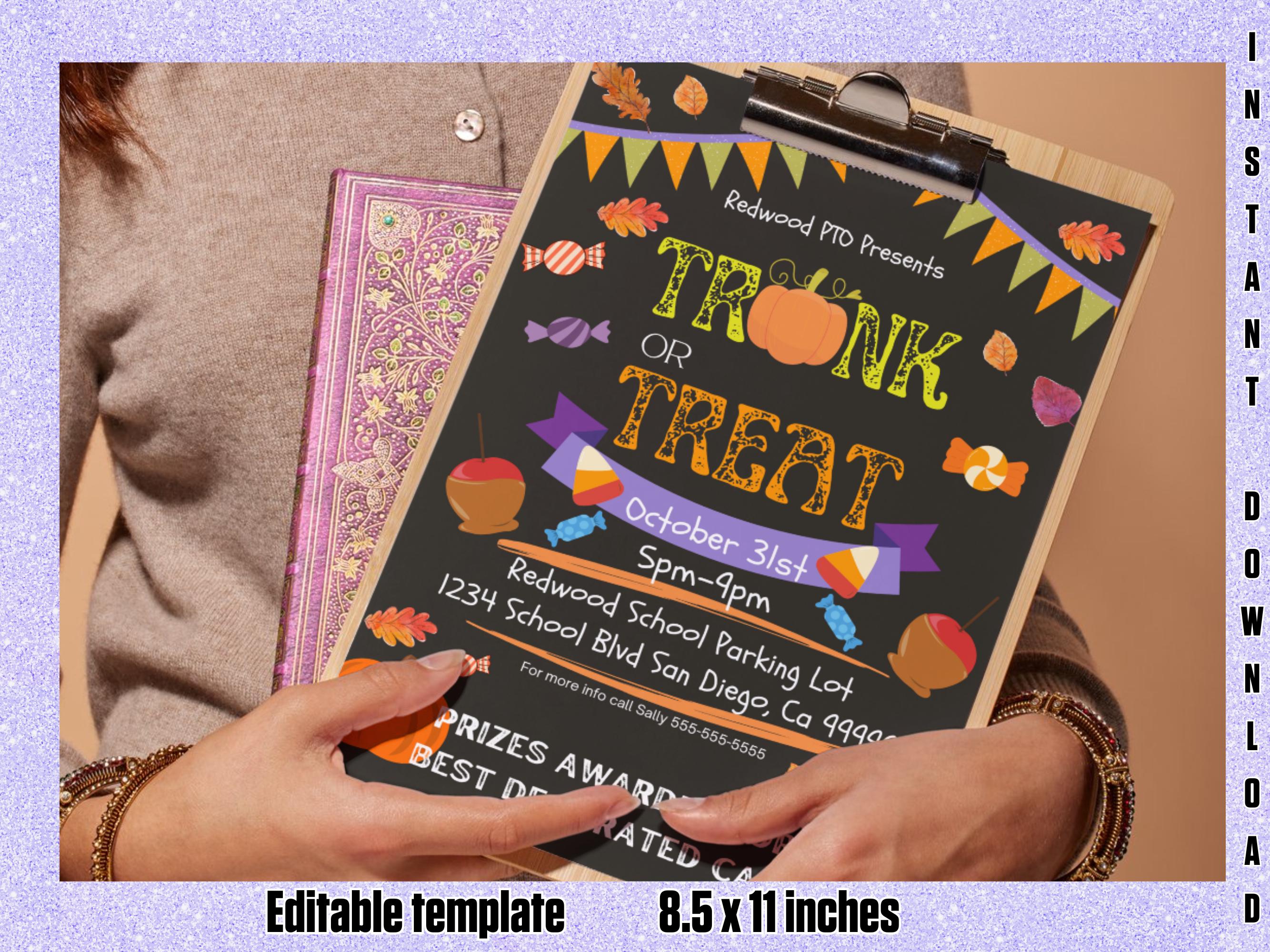 Trunk or Treat Editable Flyer Template, Halloween Party, Trick or Treat ...