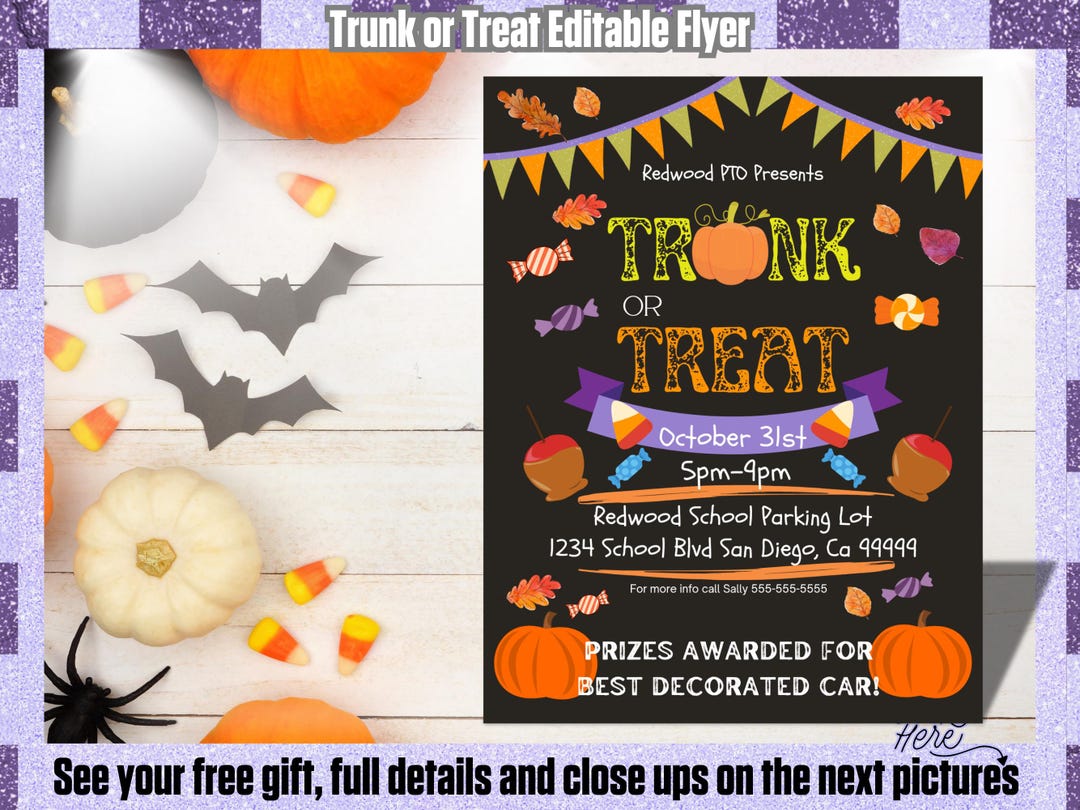 Trunk or Treat Editable Flyer Template, Halloween Party, Trick or Treat ...