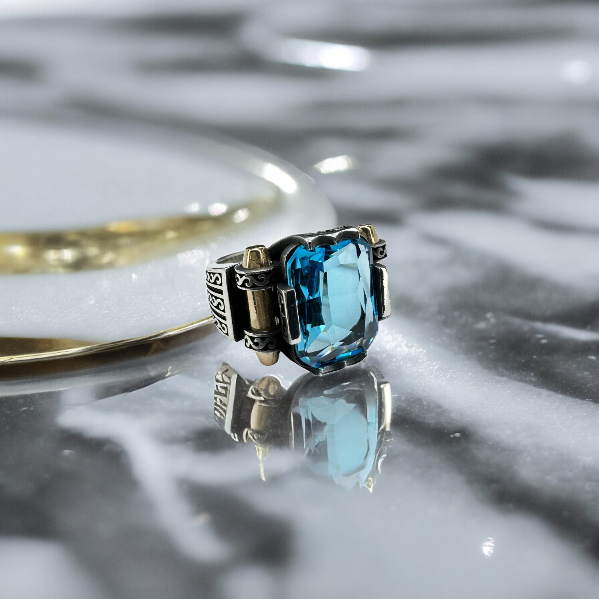 Handmade Silver Blue Aquamarine Stone Men Ring, Blue Stone Silver Ring ...