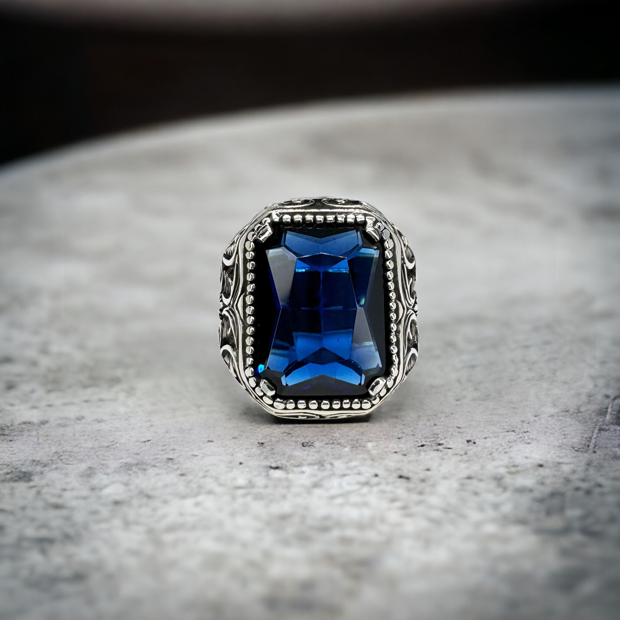 Silver Blue Sapphire Mens Ring, Blue Gemstone Ring, 925 Sterling Silver ...
