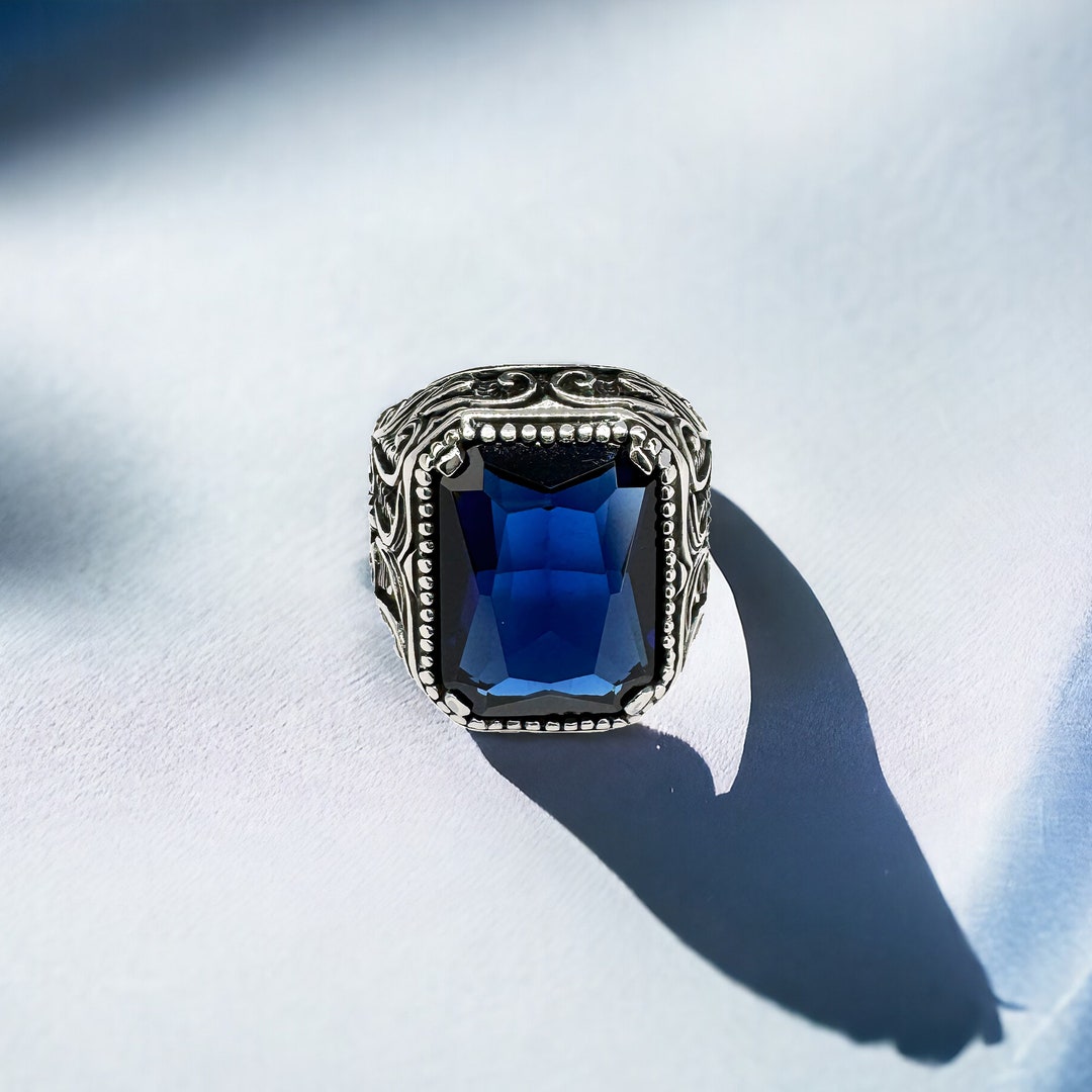 Silver Blue Sapphire Mens Ring, Blue Gemstone Ring, 925 Sterling Silver ...
