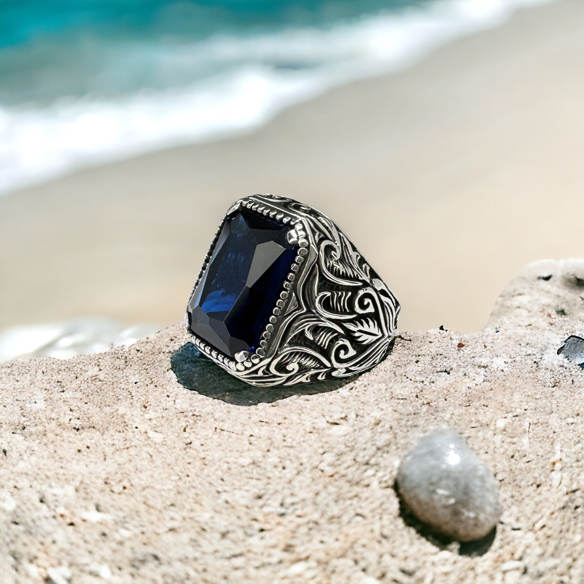 Silver Blue Sapphire Mens Ring, Blue Gemstone Ring, 925 Sterling Silver ...