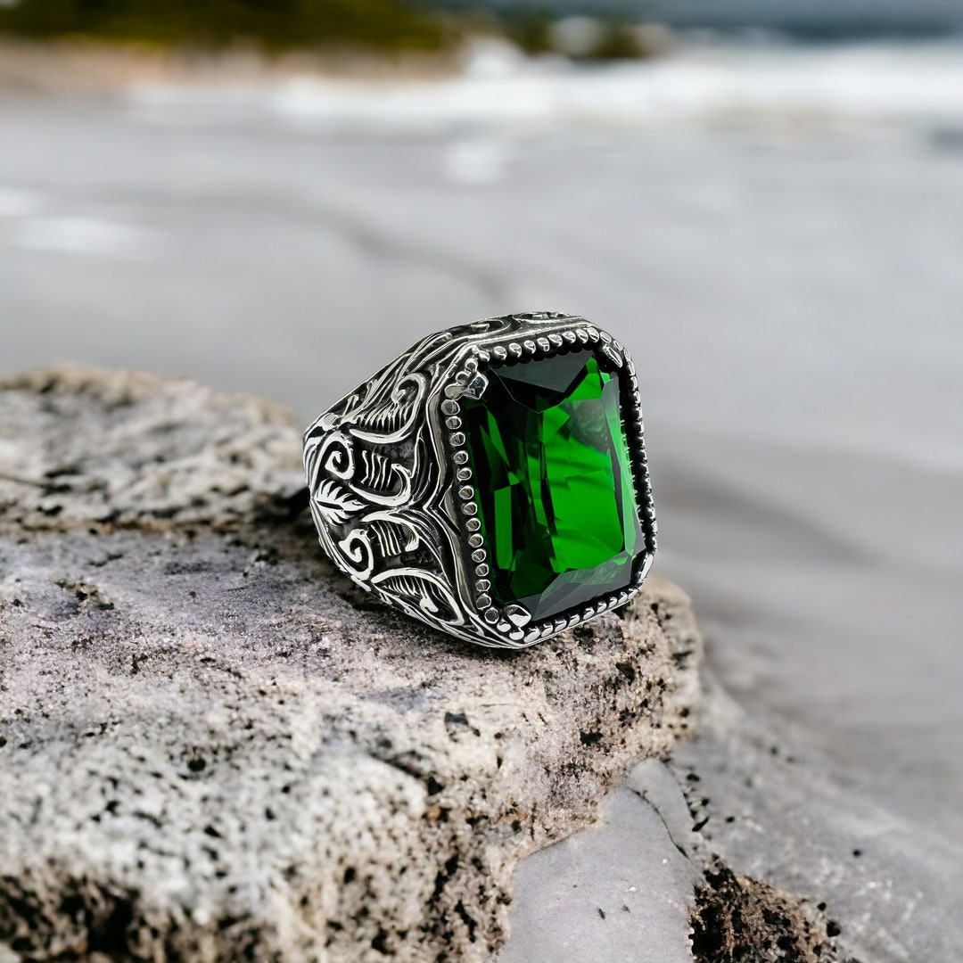 Handmade Emerald Ring for Men, Green Stone Emerald Square Ring, 925 ...