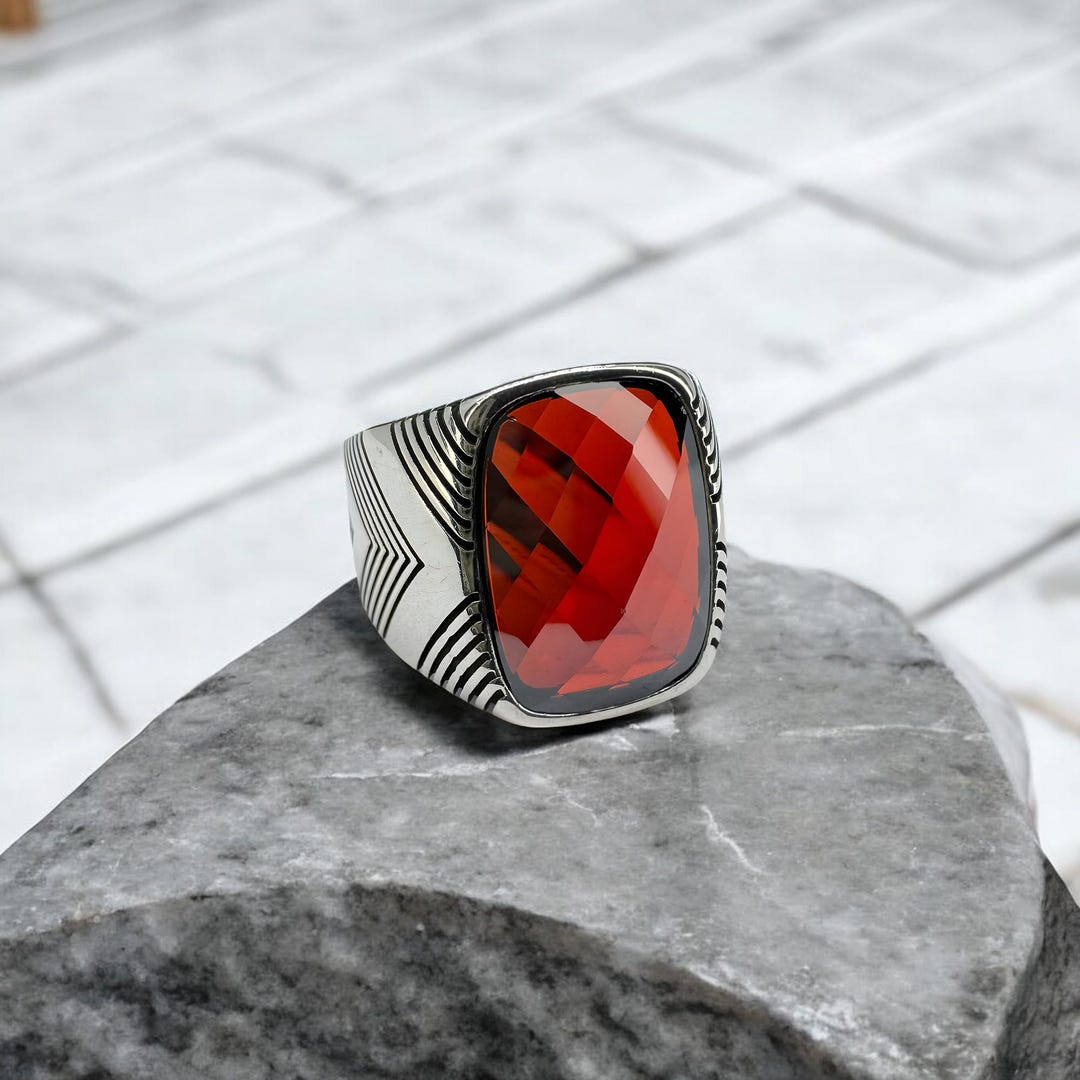 Mens Red Ruby Ring, Turkish Handmade Silver Men Ring, Ottoman Style ...