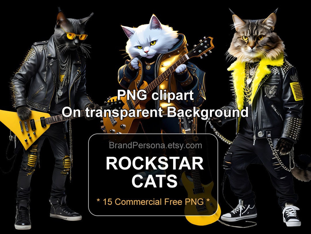 Rockstar Cats Clipart Bundle, Watercolor Art, Human Animal PNG, Digital ...