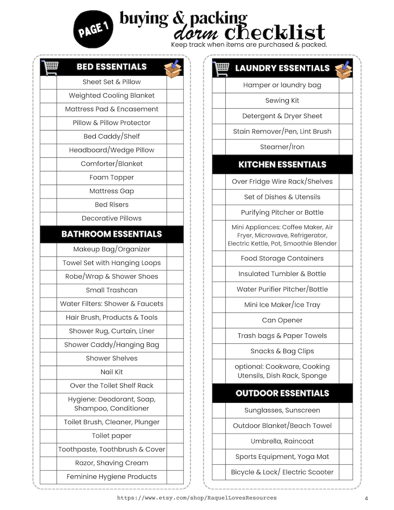 College Dorm Packing Checklists, Planners & More (PDF Download) - Etsy