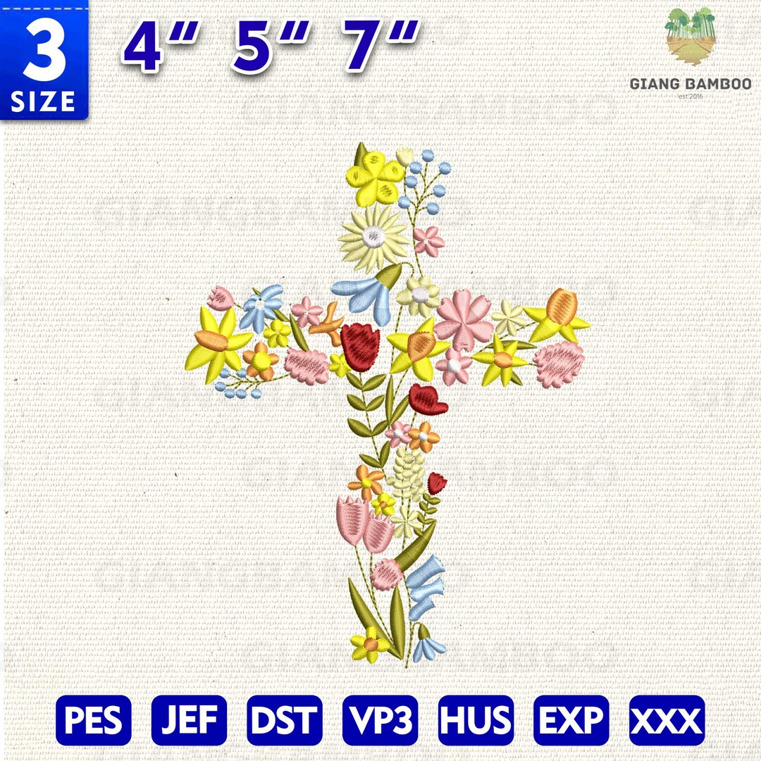 Easter Day Embroidery Design, Floral Cross Embroidery Design, Religious ...