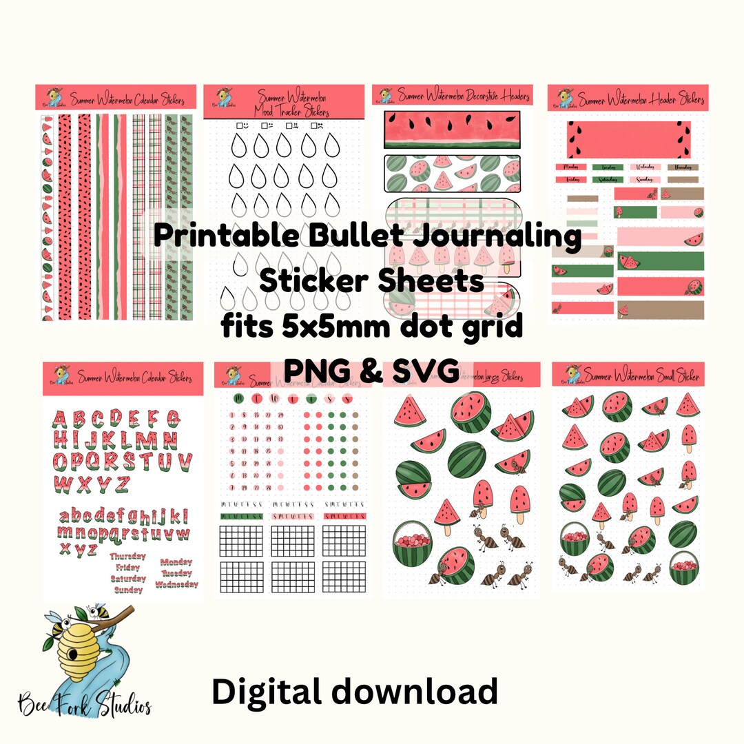 Watermelon Bullet Journaling Printable Sticker Set, Watermelon Planner ...