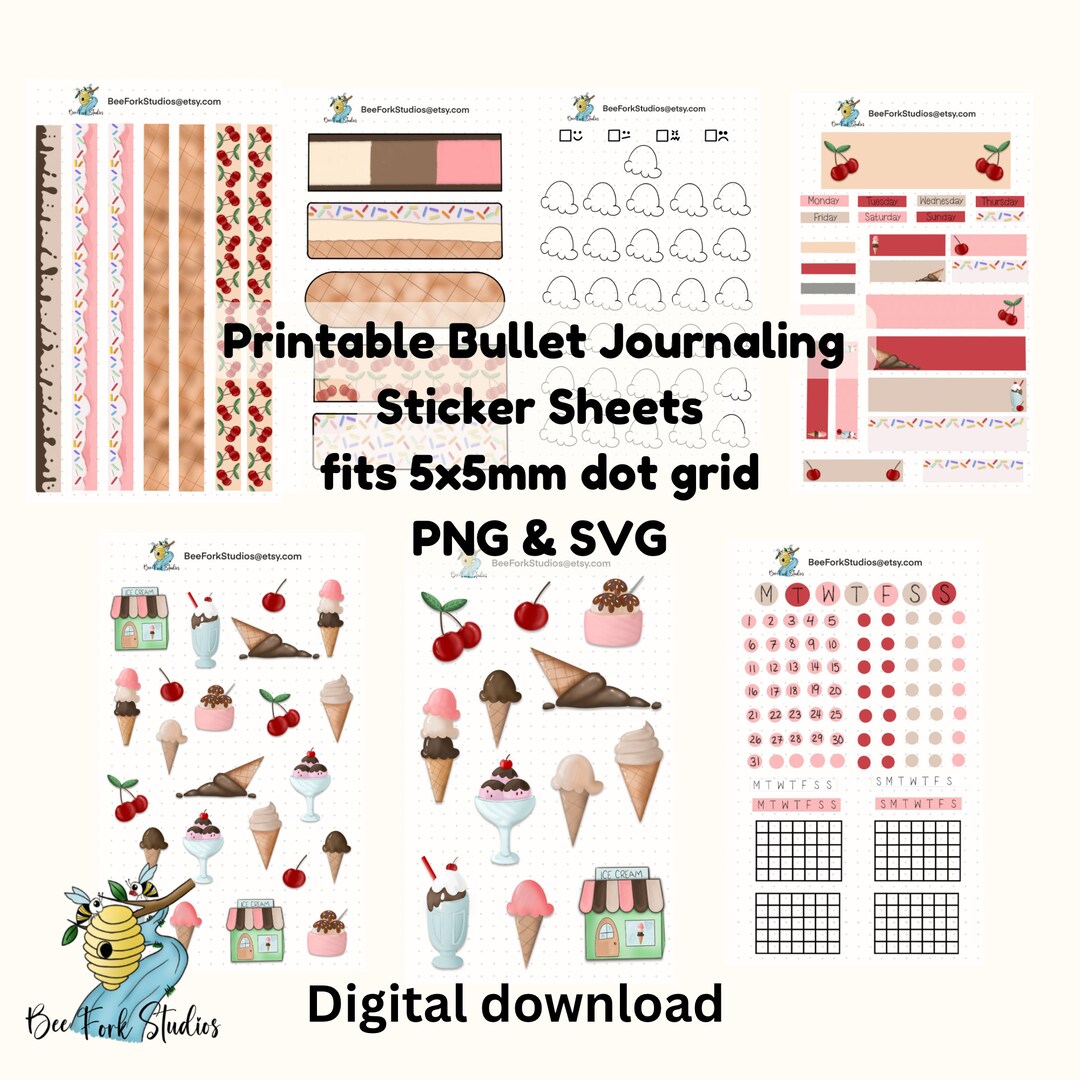 Ice Cream Shop Bullet Journaling Printable Sticker Set, Ice Cream ...