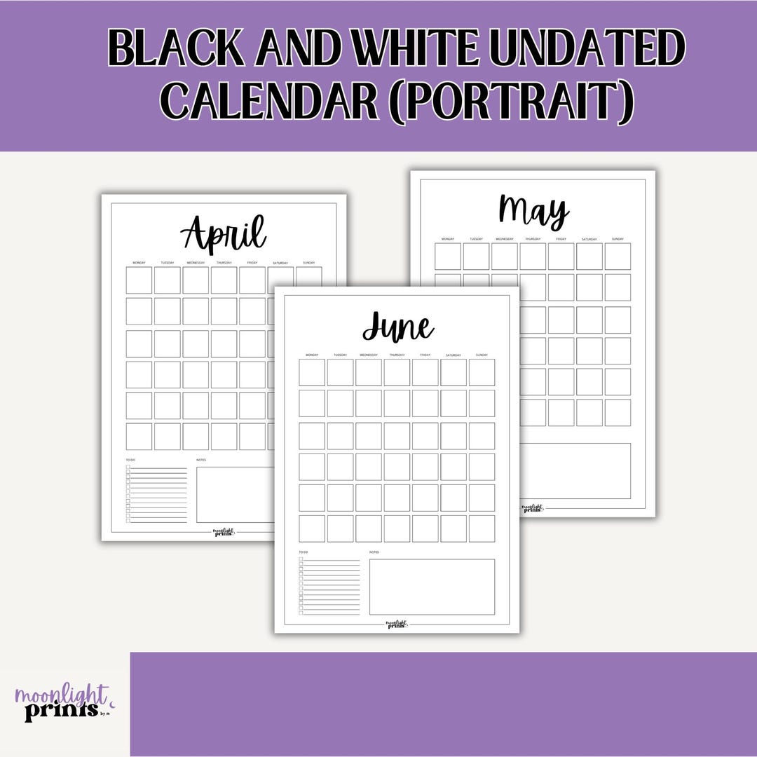 Black & White Portrait Undated Calendar | Printable | Undated Calendar ...