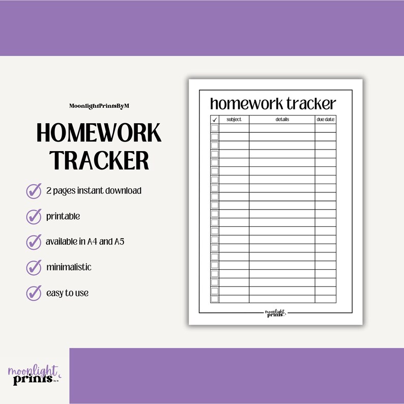 Homework Tracker | Minimalistic Tracker | A4/A5 | Organiser | Student ...