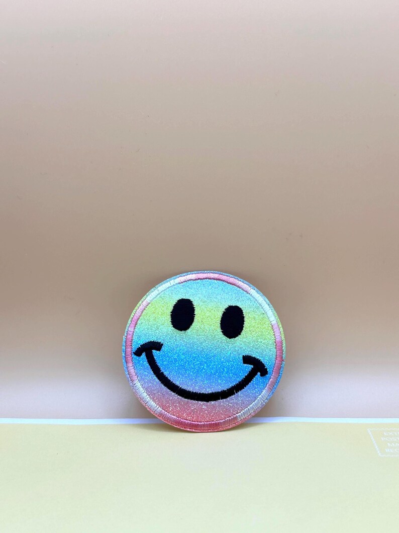 Rainbow Glitter Smiley Happy Face Patch, Iron on Patch ,embroidered ...